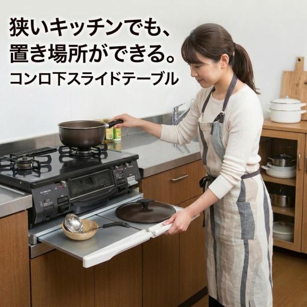 料理中、「もう少し置き場所があれば…」と感じたことはありませんか？特に狭いキッチンでは、材料や調味料、お皿を置くスペースが足りず、調理がストレスになることも。そんなお悩みをスッキリ解決するのが、「スライド式ガスレンジテーブル」です。ガスレン...