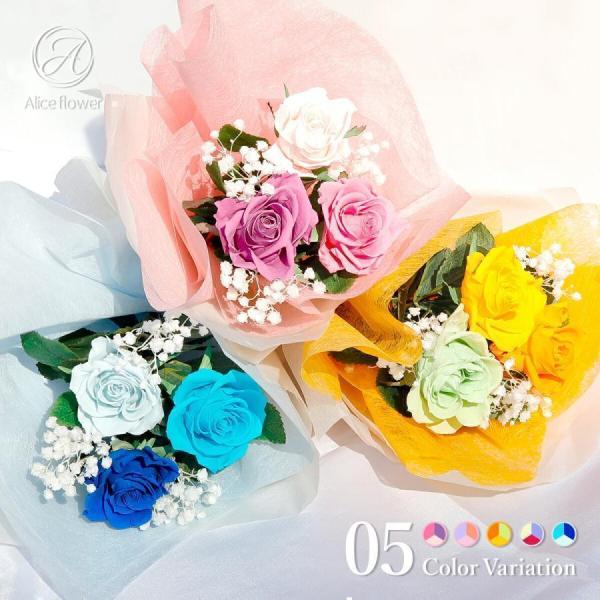 ちょっとしたプレゼントやサプライズにピッタリなサイズ感の花束。３つの大輪のバラを使用しているので３本でも豪華さがあります。シンプルなかわいさで大人から子どもまで喜んでもらえるデザインです。カラー：空夏愛夢絢サイズ：全長39cm 幅11cm(...