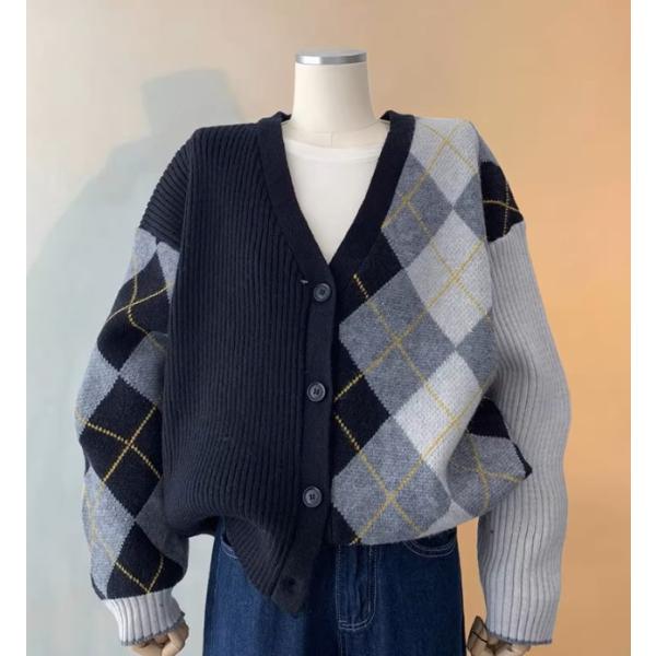 ニットカーディガン ショート丈 秋冬 レディース アーガイル柄