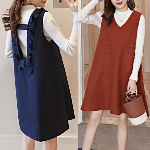 商品番号：E0172● 商品名 ● マタニティ 2点セット ワンピース カットソー 長袖 膝上丈 フリル バックリボン 大きいサイズ 2L 3L フレア Aライン お呼ばれ Vネック ● 商品説明 ●カットソーとワンピースの2点セット☆深め...