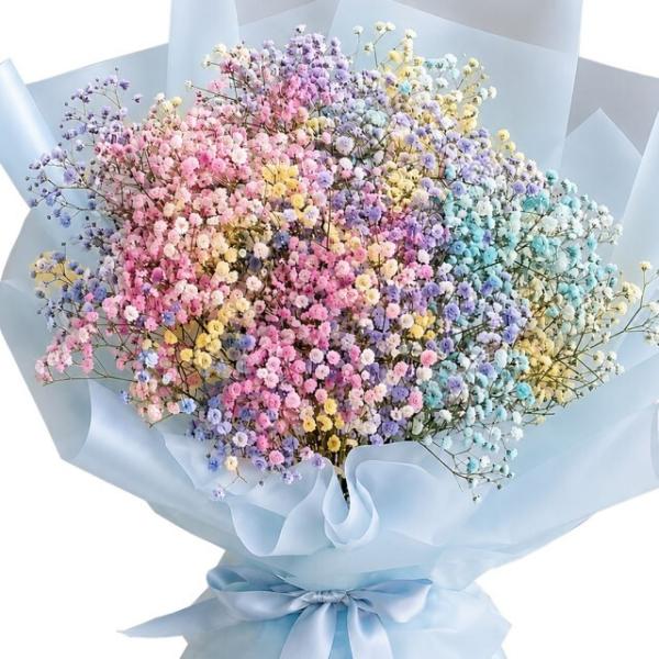 人気 カスミ草 花束 生花使用さらに可愛くカラフル染めた かわいいブーケ風花束 ピンク 紫 グリーン 水色など可愛いカラーミックスでまとめます◆ミックス以外のご希望カラーがございましたらお問合せ下さい送別会　誕生日プレゼント 記念日のプレゼ...