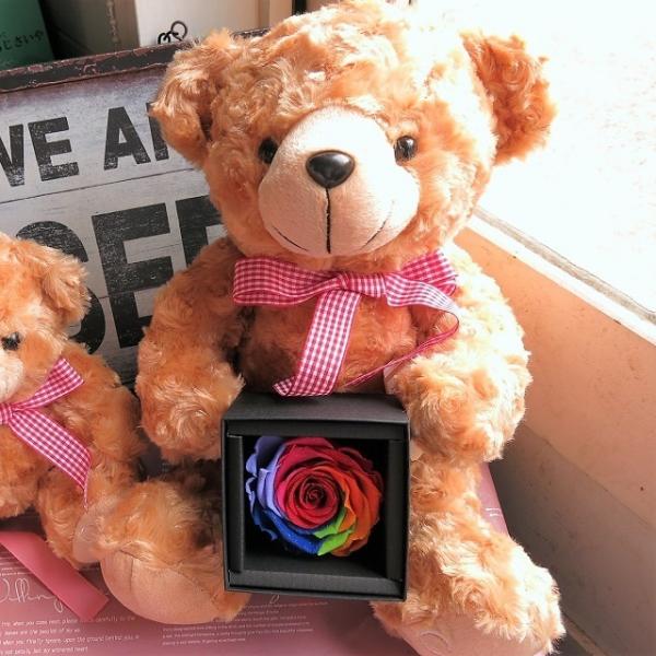 くまちゃん ぬいぐるみ  枯れない ギフトダイヤモンド レインボーローズプリザーブドフラワー入りギフト ケース付きキラキラダイヤモンドでピカピカのプリザーブドフラワー超大輪でサプライズ　フラワーギフト♪◆レインボーローズは”願い事が叶う”お...