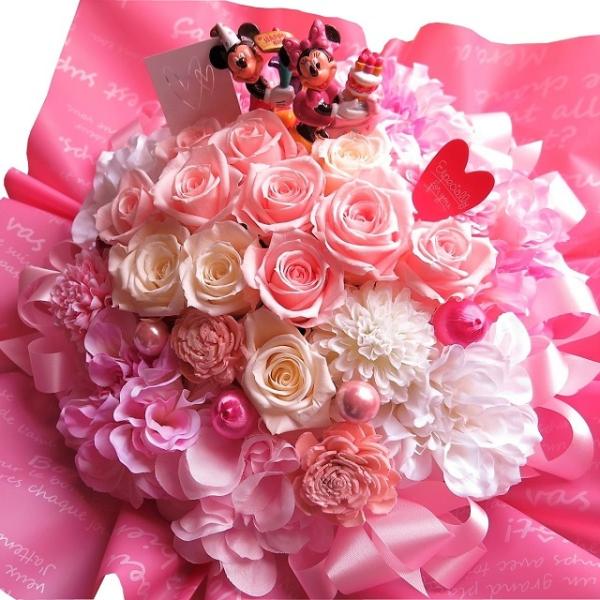 ミッキー ミニー 誕生日 プレゼント花束 プリザーブドフラワーミッキー ミニー入り優しいピンク＆ホワイトのフラワーギフト♪ピンクのお花が可愛い〜♪プリザーブドフラワー＆シルクフラワー人気カラーの可愛いフラワーギフト！　　誕生日プレゼント・記...