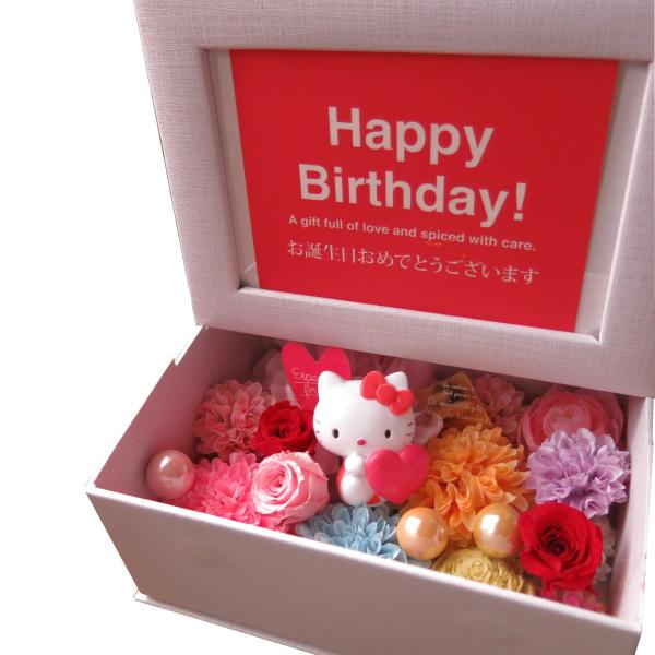 お誕生日　キティ　花　フラワーギフト　写真立て箱にお花をしきつめて♪お届け致します〜かわいいすぎっ♪ふたを開けると可愛いお花がいっぱいのサプライズなプリザーブドフラワー入りプレゼント♪アートフラワー系も使用致しますお誕生日プレゼント、結婚祝...