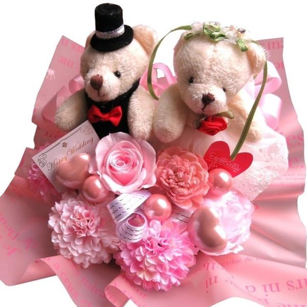 プリザーブドフラワー誕生日　ウェディングベアー入り　フラワーギフト  プリザーブドフラワー入り　クリアーケース付き　可愛いお花&amp;仲良しウェディングベアーでラブリー&amp;キュートなプレゼント♪　クリアーケース付きなので安心して長い...