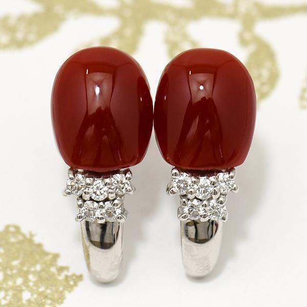 血赤珊瑚 ダイヤモンド ピアス/イヤリング K18 K14 WG 深い極上 血赤珊瑚 ダイヤモンド ピアス/イヤリング K18 K14 WG 深い極上