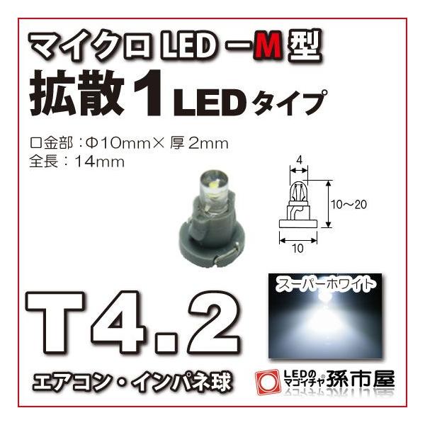 ・口金規格：T4.2(マイクロLED-M型)・サイズ：最大径10mm×全長14mm・口金部サイズ：外径10mm×厚み2mm・LED：拡散1LED 1連・定格：DC12V・消費電力(DC12V時)：白 0.2W・極性：＋−極性（点灯しない場合...