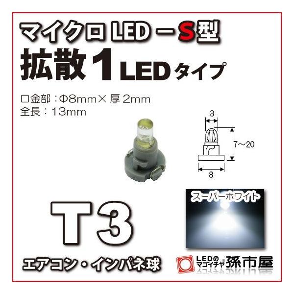 ・口金規格：T3(マイクロLED-S型)・サイズ：最大径8mm×全長13mm・口金部サイズ：外径8mm×厚み2mm・LED：拡散1LED 1連・定格：DC12V・消費電力(DC12V時)：白 0.2W・極性：＋−極性（点灯しない場合は差し込...