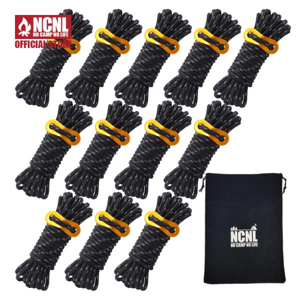 【商品詳細】パラコード（ブラック）太さ(約)：5mm長さ(約)：4m重量(約)：69g材質：強化ポリエステル耐荷重(約)：430kg入数：12本【商品説明】強化ポリエステル製テントロープ。ロープにテンションをかけたいときなどに使う自在金具付...