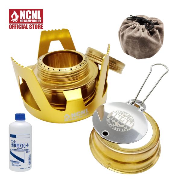 【商品詳細】アルコールストーブサイズ(約)：47×67mm重量(約)：107g材質：真鍮五徳サイズ(約)：66×96mm重量(約)：35g材質：アルミニウム【セット内容】本体、燃料用アルコール（500ml）【商品説明】軽量でコンパクトなサイ...