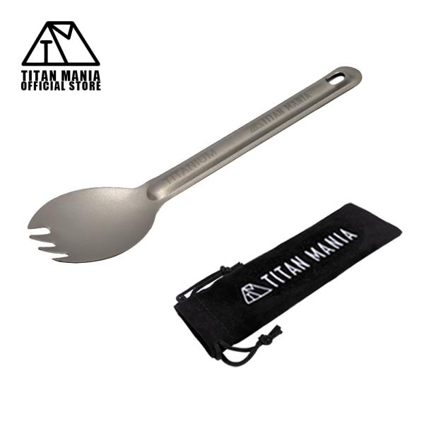 【商品詳細】サイズ(約)：41×165mm重量(約)：15g材質：チタン【セット内容】本体、収納袋【商品説明】軽量で頑丈、錆にも強いチタンカトラリー。食べ物をすくう、口に運ぶなど、手に馴染みやすく食事に適したサイズ。先割れタイプはフォークと...