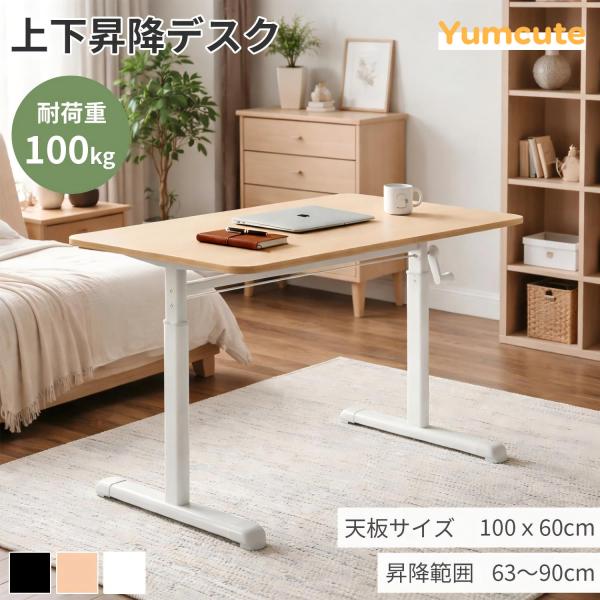 【商品仕様】天板サイズ：約100×60cm昇降範囲：約63〜90cm耐荷重：約100kg調整方式：手回し式【上下昇降デスク】座り作業も立ち作業も、暮らしに合わせて快適に。こちらの上下昇降デスクは、手回し式で簡単に高さ調整ができる実用性の高い...