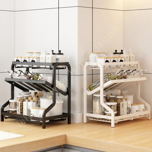 【発売日：2023年05月16日】サイズ：L=37*20*35.5cm 画像にサイズの説明もある。調味料ラック 調味料 収納 スパイスラック キッチンラック キッチン 3段式 2段 台所収納ラック 調味料棚 大容量 シンク下収納 スライドラ...