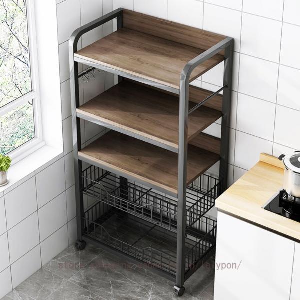 【発売日：2025年03月25日】多機能キッチンラック ワゴン4段式デザイン、収納スペースたっぷりで、炊飯器、トースターなどの家電から調味料までのキッチン用品をまとめて格納できます。360°回転できるキャスターを備え、移動するとき楽々、必要...
