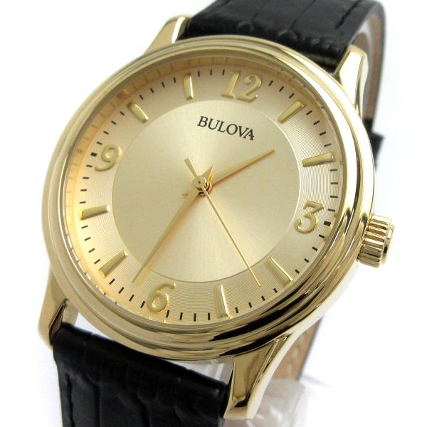 ブローバ ゴールドラウンド メンズ 3針 革 97A70 BULOVA クォーツ 箱 保証書 稼動品 未使用 保管品■アメリカ合衆国の時計メーカー『ブローバ（BULOVA）』。■シンプルで上品なメンズウォッチ。■ゴールドカラーのケースにブラ...