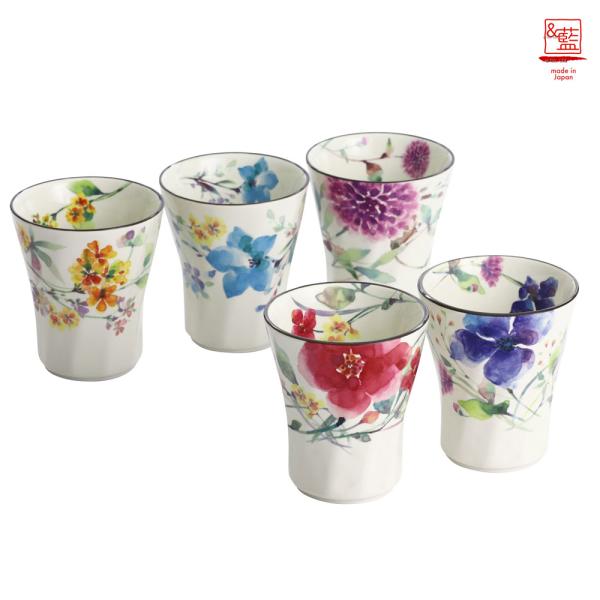 美濃焼「＆藍」ブランド花水彩の5客フリーカップです。ご自宅用に！プレゼントに！お返しに！※一時的に欠品や完売の場合がございます。予めご了承下さい！カップ　約φ8×h9.3cm箱　20.6×18.4×h9cm本体重量　約1,200g素材・材質...