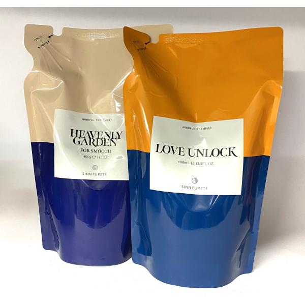 <商品名> シンピュルテ　 マインドフル シャンプー 400ml（ LOVE UNLOCK）トリートメント スムース 400ｇ（HEAVENLY GARDEN）セット<内容量>400mL詰め替え<販売元>...