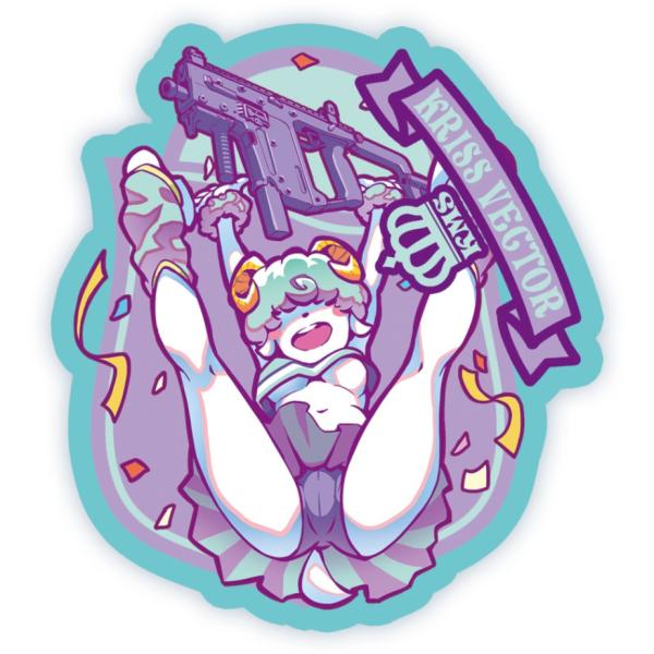 ブランド：King's Melon SodaサブマシンガンKRISS VECTORをトスしてスーパーV字開脚ジャンプをしているチアコスな羊の女の子のイラストステッカーです。サイズ：長辺80mm材 質：耐水紙(ユポ)/光沢ラミネート加工