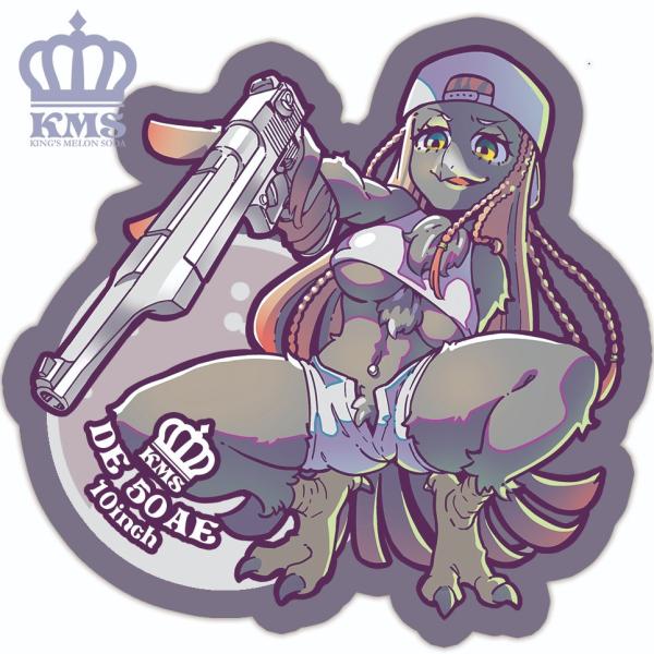 ブランド：King's Melon SodaDE50AE 10inchとイヌワシの女の子のイラストステッカーです。サイズ：長辺70mm材 質：PVC(耐水)/光沢ラミネート加工