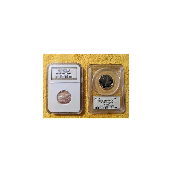 NGC &amp; PCGS 2005-S ウェスト バージニア シルバー プルーフ PF70 UC/DCAM。コイン2枚セット
