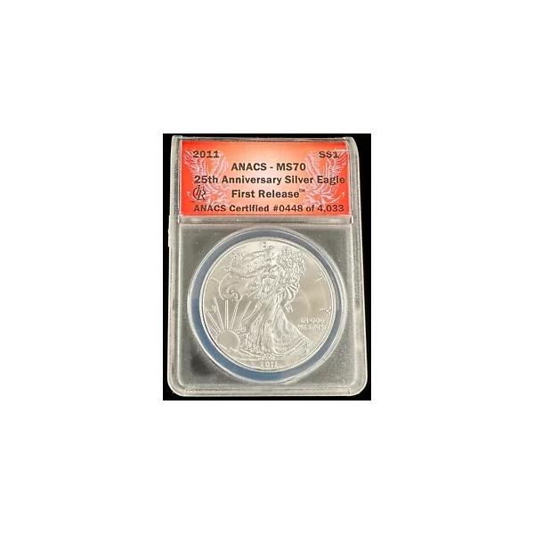 2011 アメリカン シルバー イーグル 25 周年記念 ANACS MS70 初リリース .999 1oz