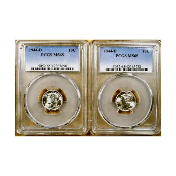 1944-D PCGS MS65 マーキュリー ダイム - 100% ブレイジング ホワイト