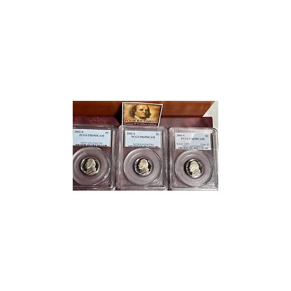 3 年間実行: PCGS PR69DCAM ジェファーソン ニッケル。 2001、2002、2003 S N1085