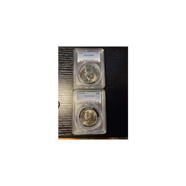 1974 PCGS 等級コイン ロット - 1974-D 50c および 1974 $1 MS64