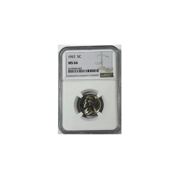 1957 Jefferson 5C NGC MS66 (#18055) 素敵な派手なコイン。 FSを逃したところです。フレッシュホールド