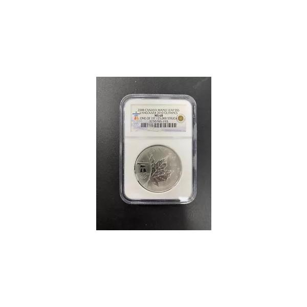 2008 シルバー メープル リーフ NGC MS-68 - 未流通 - バンクーバー オリンピック - スラブ - $5