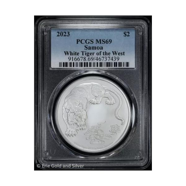 2023 $2 サモア 1 オンス シルバー ホワイト タイガー オブ ザ ウェスト PCGS MS 69 |未流通の UNC