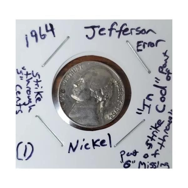 レア！！ 1964 ジェファーソン ニッケル (ミント マークなし)、「In COD We Trust」エラー