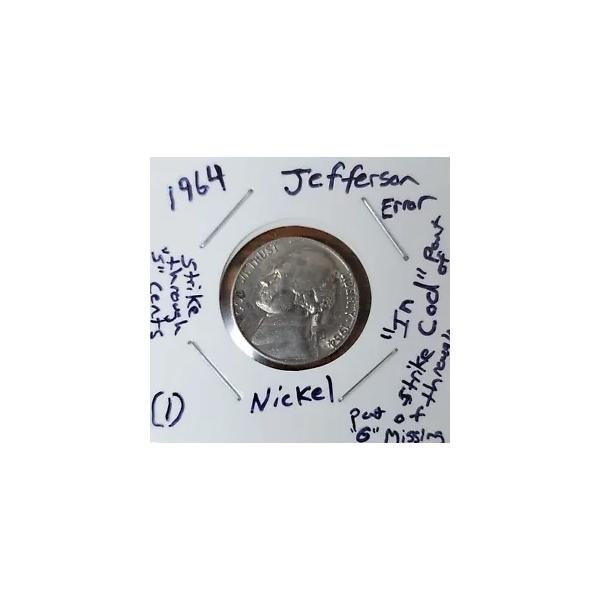 レア！！ 1964 ジェファーソン ニッケル (ミント マークなし)、「In COD We Trust」エラー