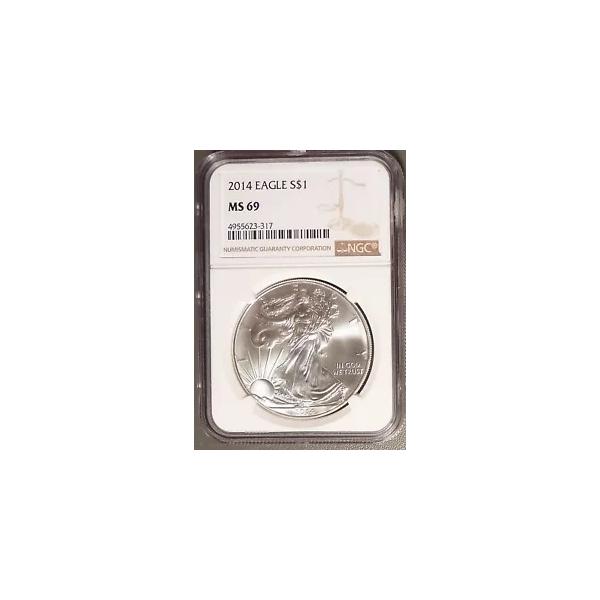 2014 アメリカン シルバー イーグル、NGC MS69、光沢のある、明るく白いコイン (317)。