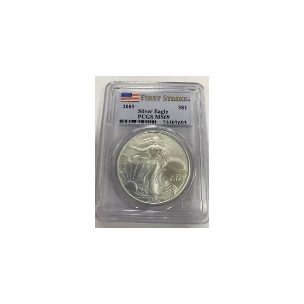 2005 アメリカン シルバー イーグル ~ $1 ~ PCGS MS69 ~ ファースト ストライク ~ フラッグ ラベル