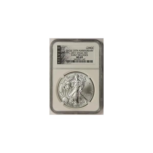 2011 シルバー イーグル 25 周年記念 $1 MS 69 NGC 初期リリース リバティ ラベル