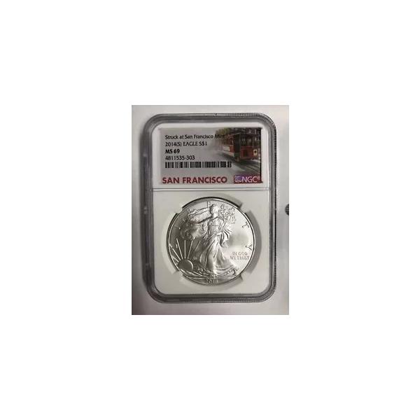 2014 (S) シルバー アメリカン イーグル NGC MS69 がサンフランシスコで衝突、斑点なし