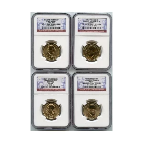 (4) 2007-P NGC MS65 $1 コイン 1st 4 大統領: ワシントン、アダムス、ジェフ&amp;マディソン