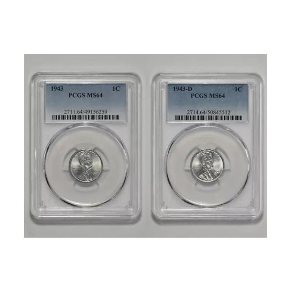 1943 P + D 1C リンカーン スチール ウィート セント PCGS MS 64 2 コイン ロット
