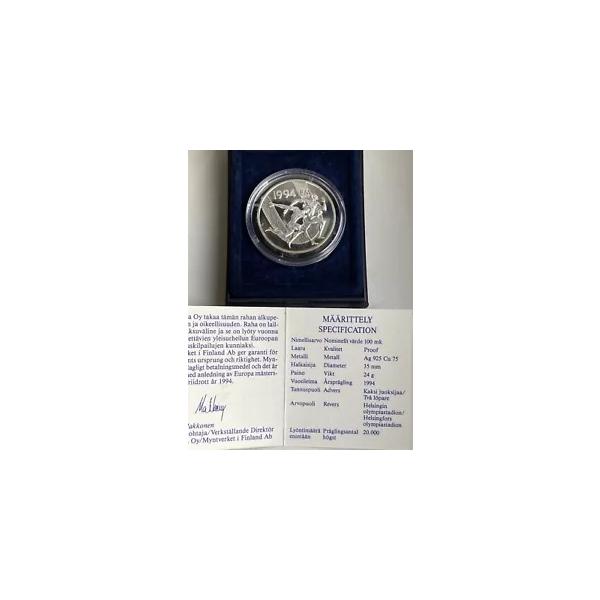 フィンランド 100 Markkaa 1994 シルバー ヘルシンキ EM プルーフ ボックス + COA !!!