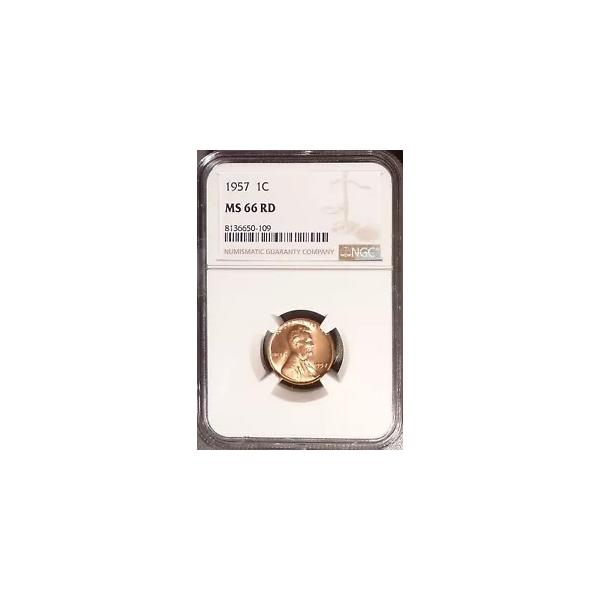 1957-P リンカーン セント NGC グレード MS66 RD、光沢たっぷり、レッド コイン (109)。