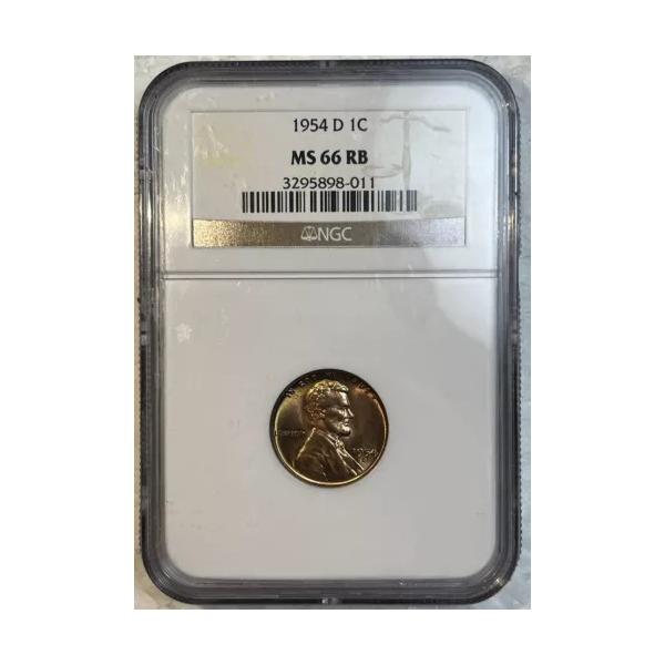 1954 - D リンカーン ウィート ペニー 1 セント NGC 認定グレード MS66 RB コイン 美品