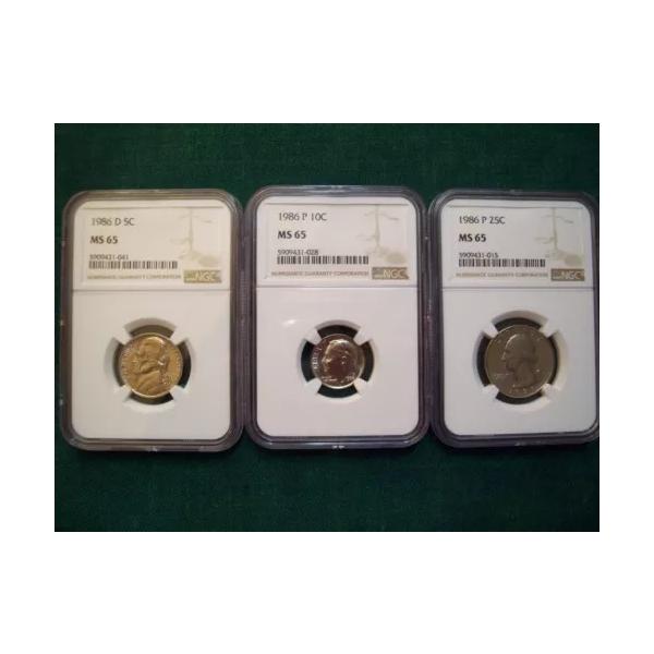 NGC MS65 コイン 3 枚、1986 - (D) ニッケル、(P) ダイム、および (P) クォーター