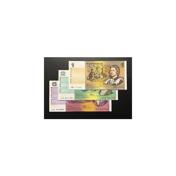 CRISP オーストラリア紙ノート 3 枚セット ** $1 + $2 + $5 ** aUNC/UNC ** 1991 年以前