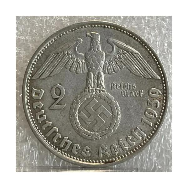 1939 B ドイツ (第三帝国) シルバー 2 マーク コイン、「Paul von HINDENBURG」、フリー SH