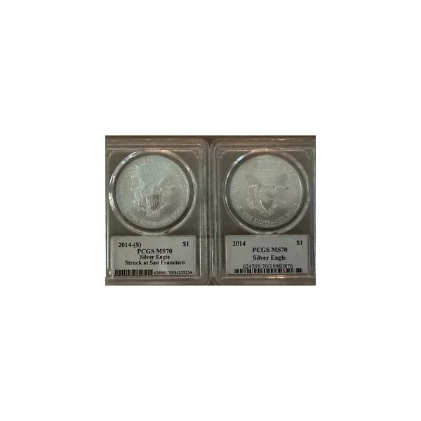 2014S &amp; 2014 P セット PCGS MS70 アメリカン シルバー イーグル 2 コイン セット、1024
