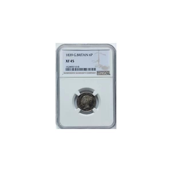 イングランド ビクトリア 1839 6ペンス / 6 ペンス シルバー コイン、NGC 認定 XF45