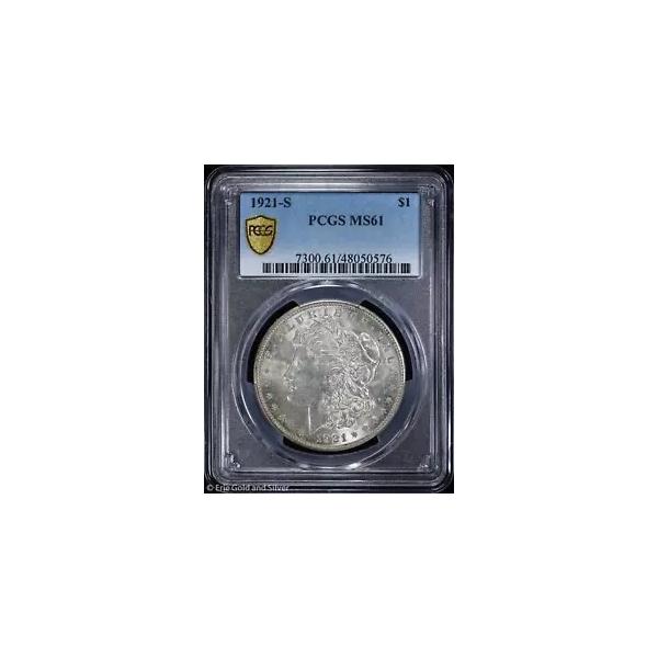 1921-S $1 モルガン シルバー ダラー PCGS MS 61 |未流通の UNC
