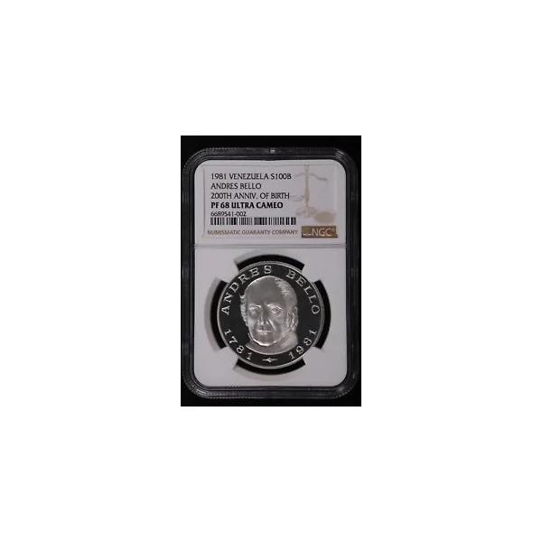 1981 ベネズエラ (アンドレス ベロ) 100 ボリバル、プルーフ銀貨 - NGC PF 68 UC