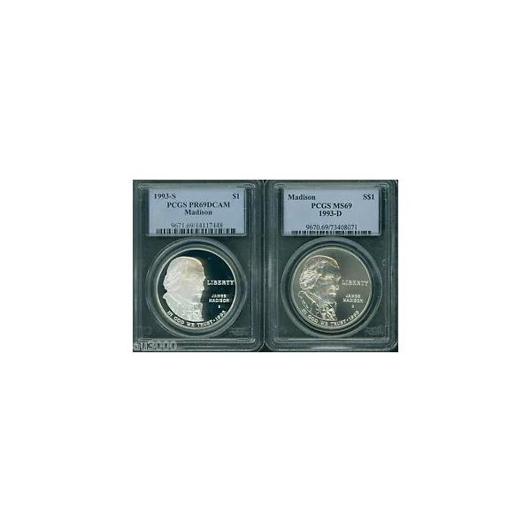 1993-D &amp; 1993-S マディソン シルバー ドル PCGS MS69 &amp; PR69 PF69 2 コイン セット!